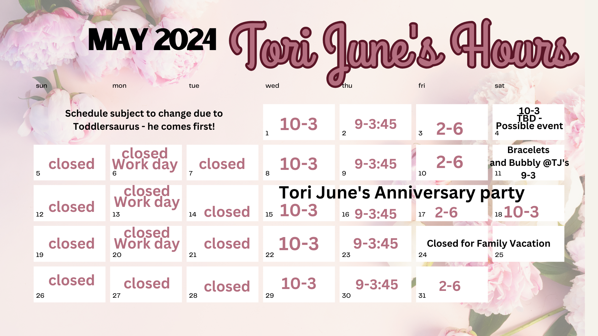 MAy 2024 hours – Tori June's